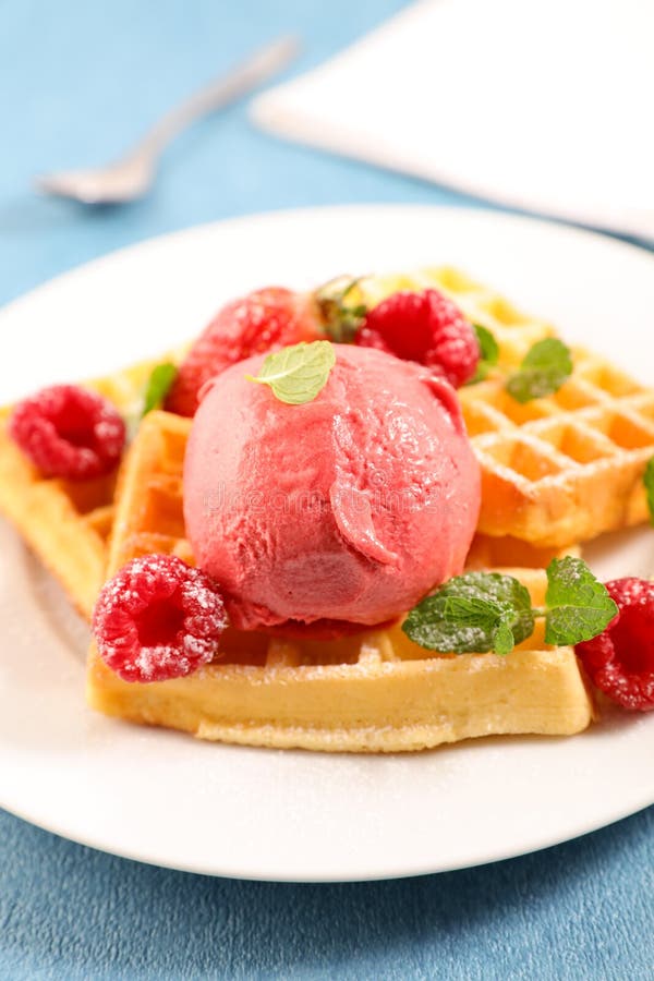 Waffles and Raspberry Ice Cream Stock Photo - Image of dessert ...