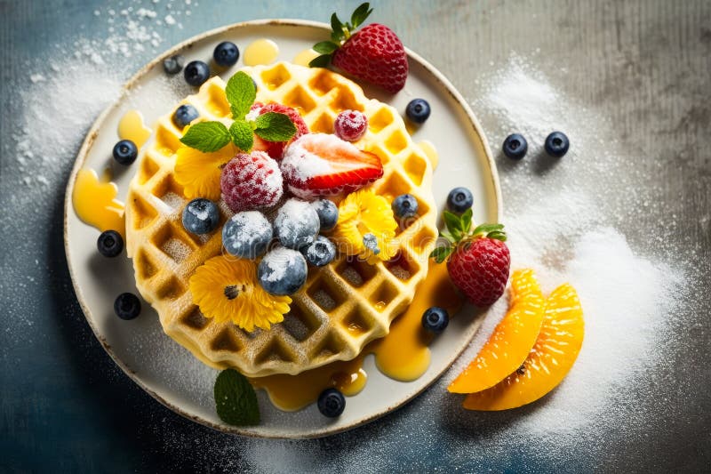 Plate of Waffles Topped with Fruit and Sugar. Generative AI Stock Photo ...