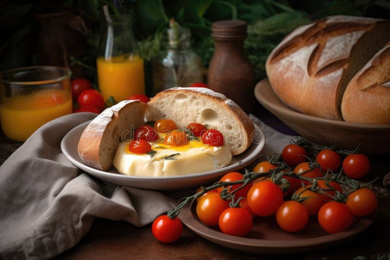 Plate of Warm, Crusty Bread with Melted Cheese and Juicy Cherry ...