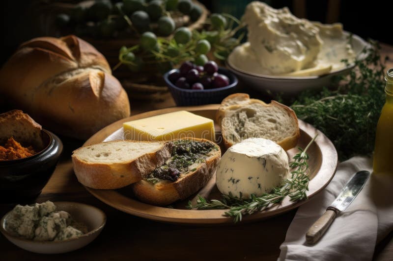 Plate of Warm, Crusty Bread with Savory Spread and Cheese Stock ...