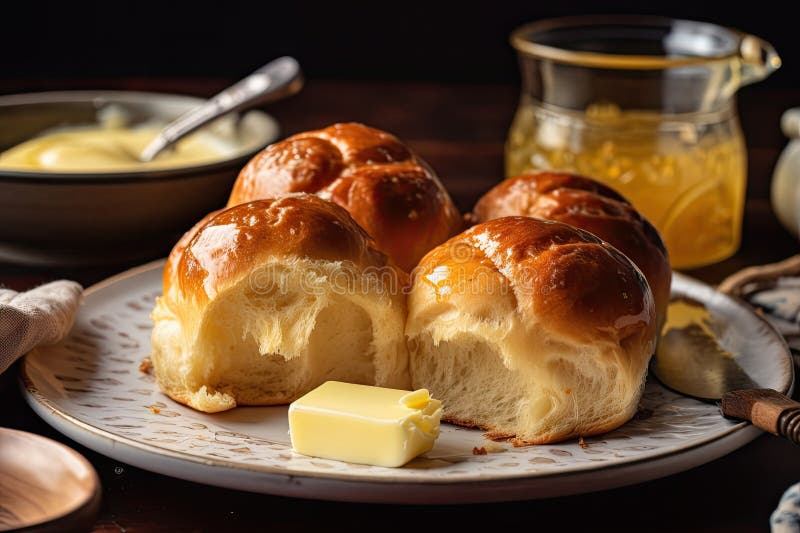 Plate of Warm, Fluffy Rolls with Drizzle of Melted Butter and Slice of ...