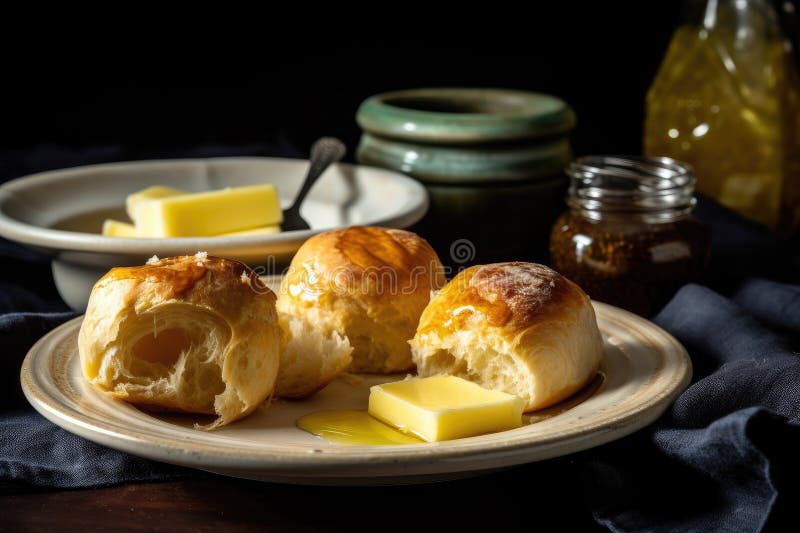 Plate of Warm, Freshly Baked Rolls with Melted Butter Stock ...