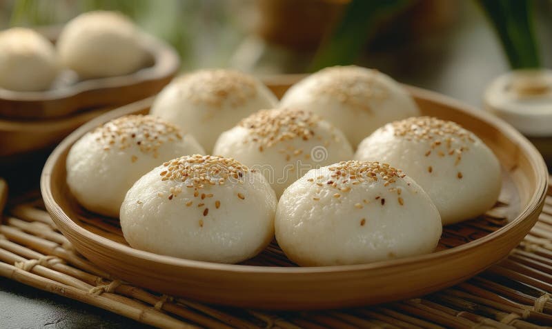 A Plate of White Pastries with Sesame Seeds on Top Stock Photo - Image ...