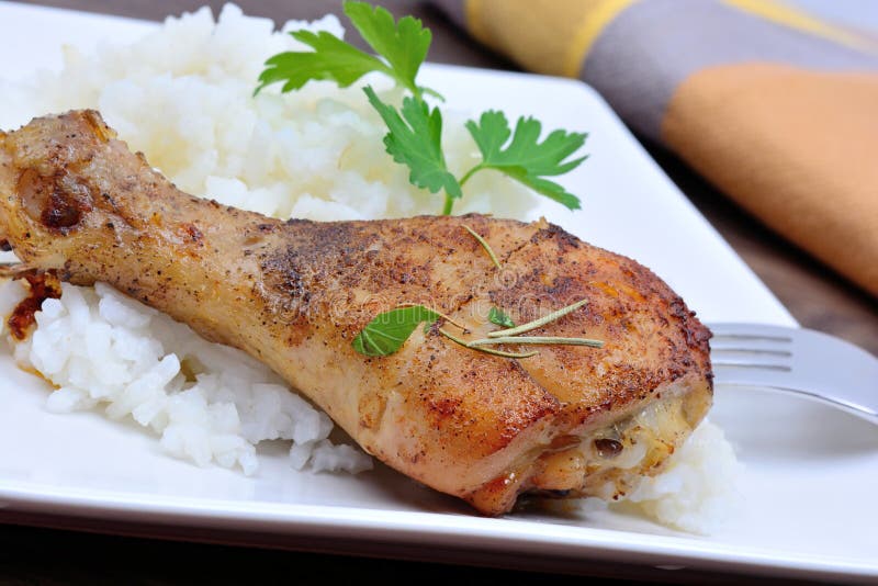 Plate with White Rice and Chicken Leg Stock Photo - Image of nutrient ...