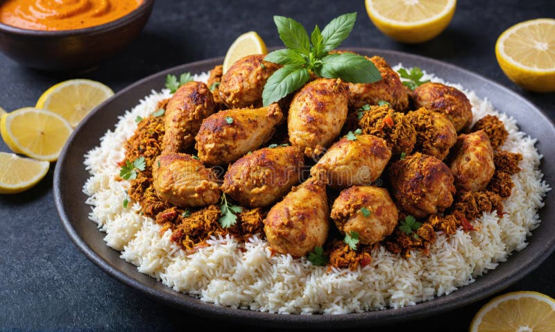 A Plate of White Rice with Grilled Chicken, Cilantro, and Lemon Wedges ...