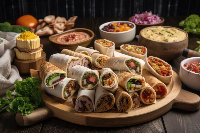 Plate of Wraps, Rolls, and Flatbreads with Assortment of Fillings Stock ...