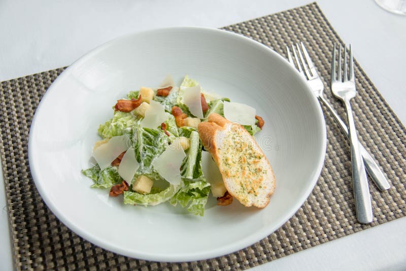 Plated Caesar Salad with Garlic Bread Stock Photo - Image of bread ...