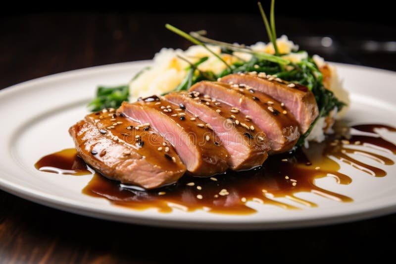Plated Tuna Steak Glazed with Teriyaki Sauce Stock Photo - Image of ...