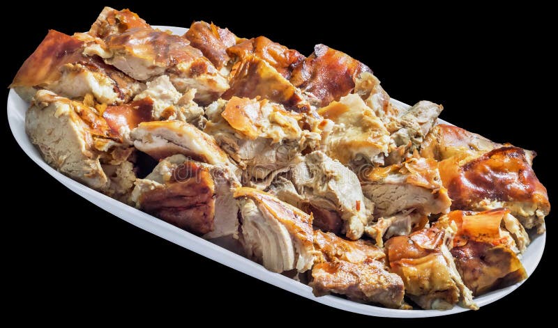 Plateful of Spit Roasted Pork Slices Isolated on Black Background Stock ...