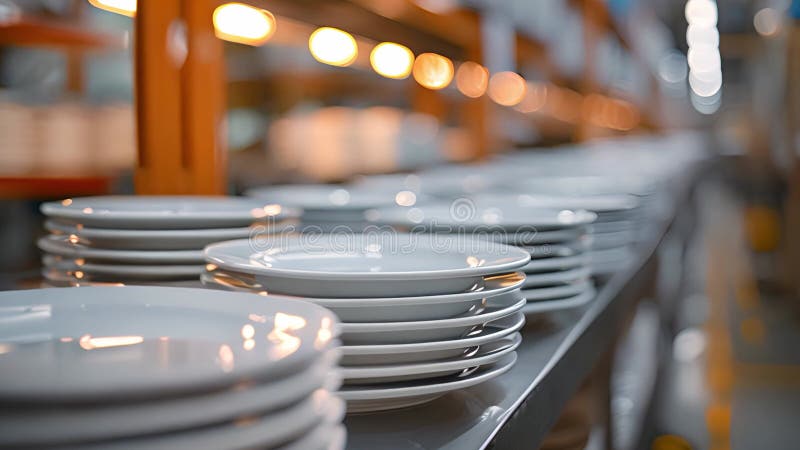 Plates on Automated Conveyor Belt in Industrial Setting. Plates Moving ...