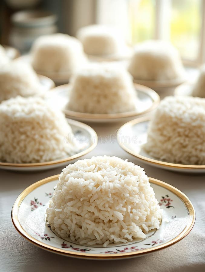 Plates of Cooked Rice on a Table with Sunlight. Stock Photo - Image of ...