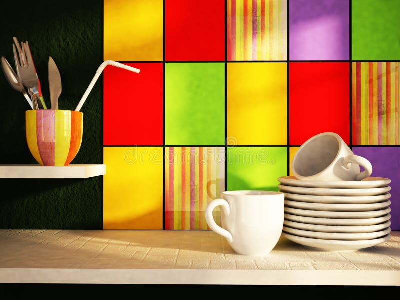 Plates with the Cups on the Kitchen Table Stock Illustration ...