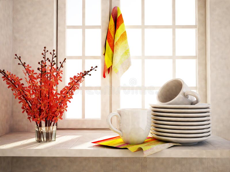 Plates with Cups on the Table Stock Illustration - Illustration of ...