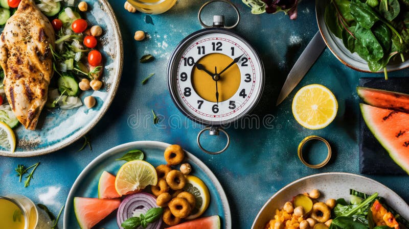 Plates of Food and a Clock on a Table, Decorating the Scene Stock Photo ...