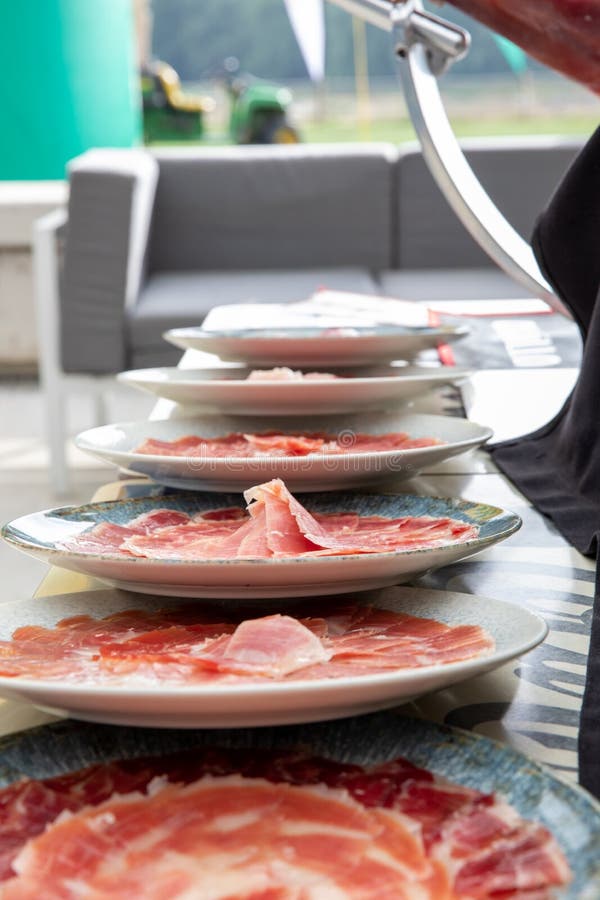 Plates of Freshly Sliced Ham Stock Image - Image of bone, closeup ...