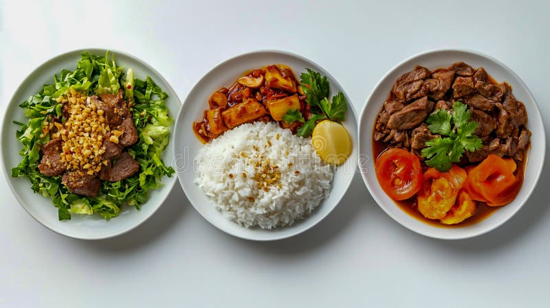 3 Plates Rice and Beef, on a White Background Stock Illustration ...