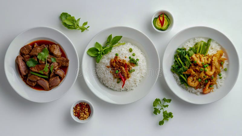 3 Plates Rice and Beef, on a White Background Stock Illustration ...