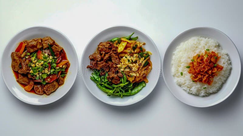 3 Plates Rice and Beef, on a White Background Stock Illustration ...