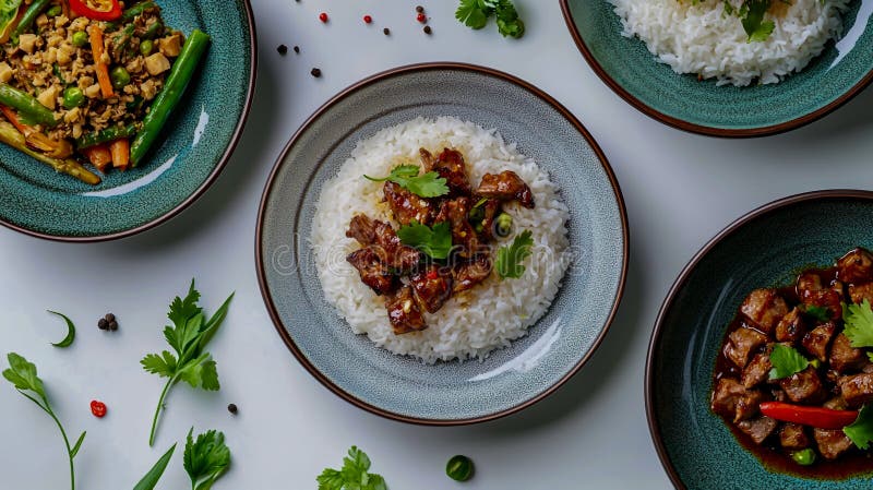 3 Plates Rice and Beef, on a White Background Stock Illustration ...