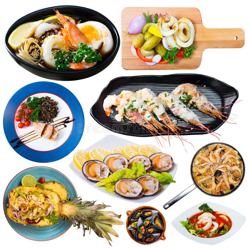 Plates of Seafood on White Background Stock Photo - Image of meal ... Plates of Seafood on White Background Stock Photo - Image of meal ...