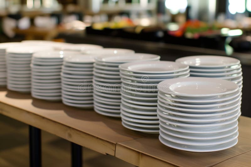 Plates Stacked Neatly on One End of a Buffet Table Stock Photo - Image ...