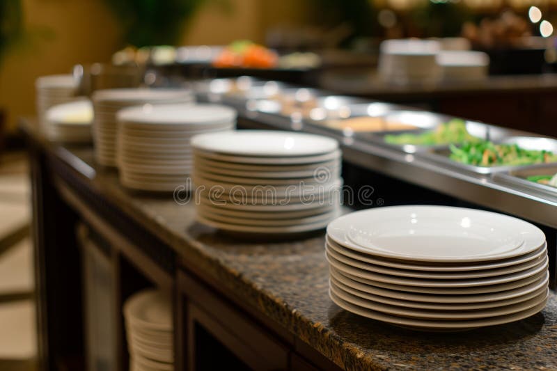 Plates Stacked Neatly on One End of a Buffet Table Stock Image - Image ...