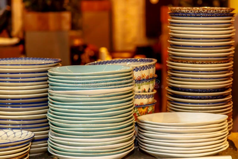 Plates Stacked in a Stack Standing Stock Image - Image of space, round ...