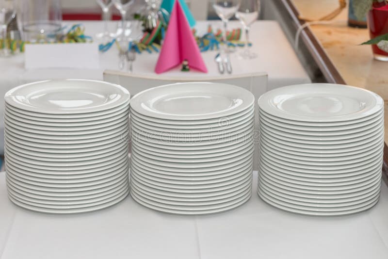 Plates Stacked at Buffet Line Stock Image - Image of stack, saucer ...