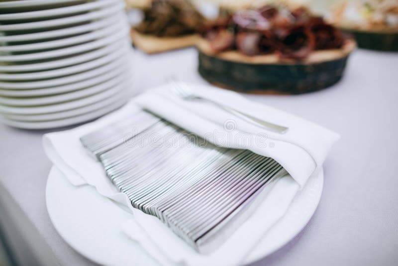 Plates on the Table. Dinnerware at a Restaurant Stock Image - Image of ...
