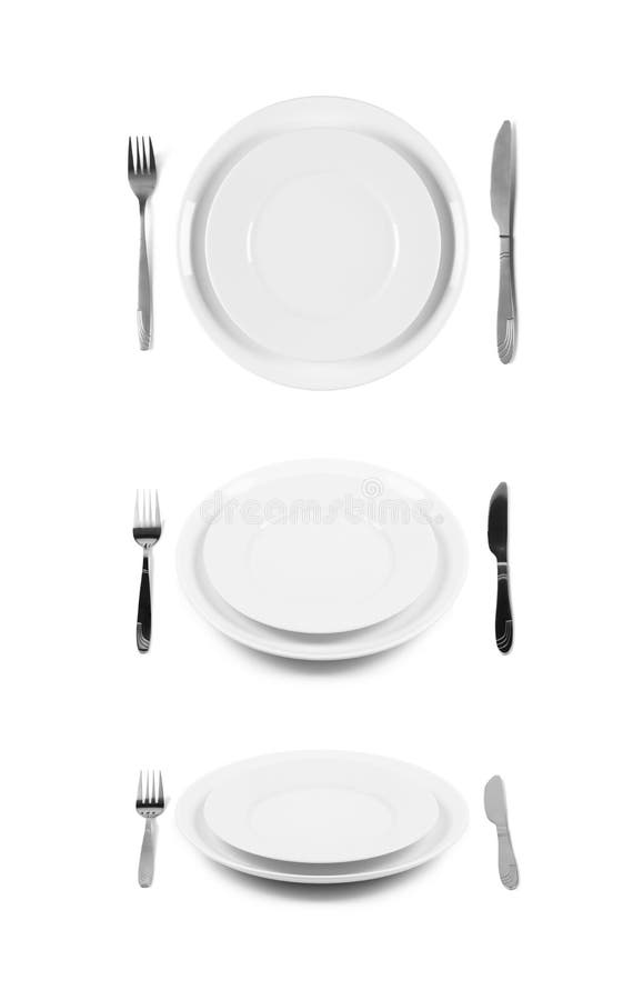 Two Stacked White Plates with Fork and Knife, Isolated on White ...