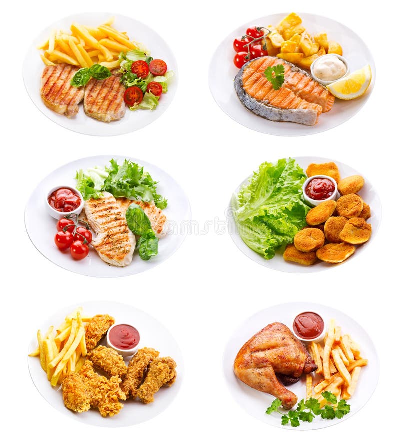 Plates of Various Meat, Fish and Chicken Stock Image - Image of breast ...