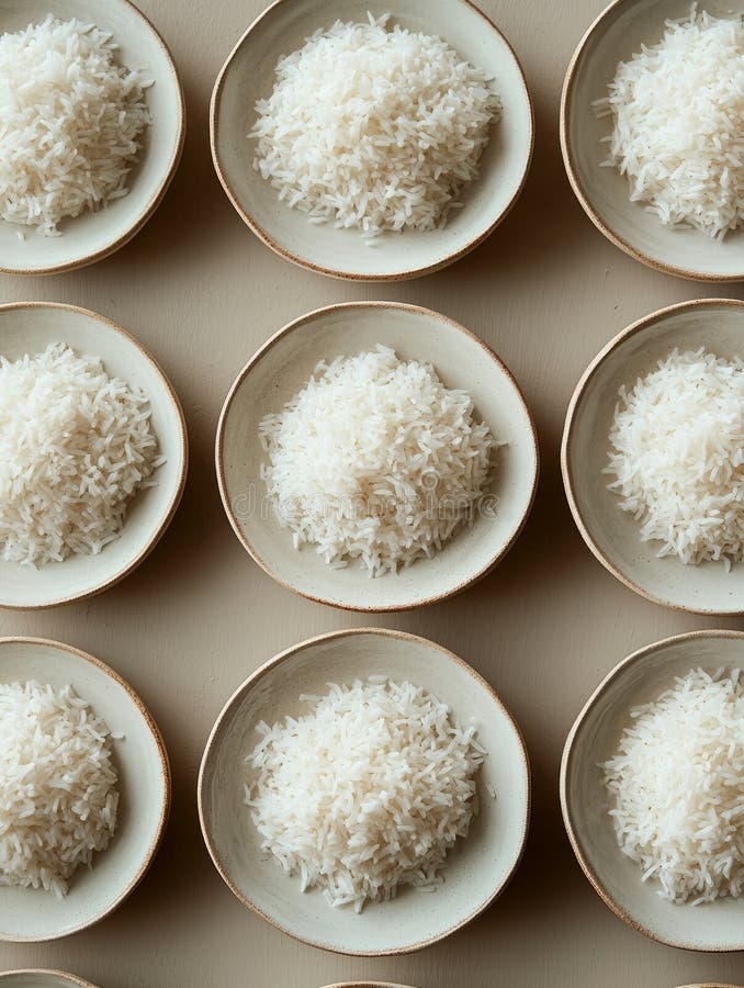 Plates of White Rice Arranged in a Symmetrical Pattern. Stock Photo ...