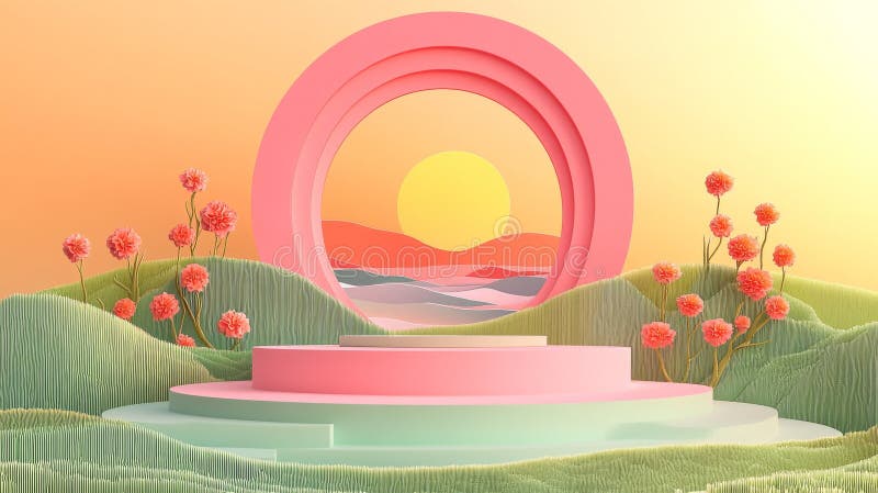 Platform Displaying Dynamic Artwork Featuring Layered Shapes and Potted ...