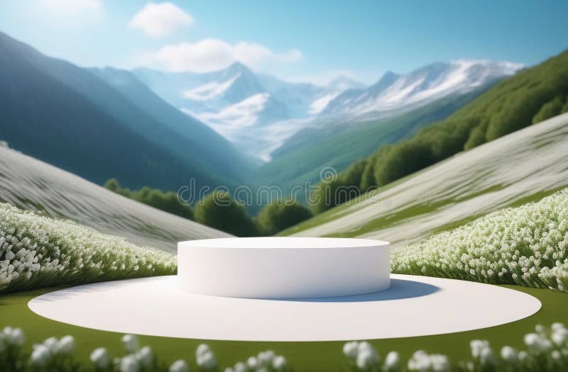 A Platform for Displaying Goods Stands in the Garden among Flowering ...