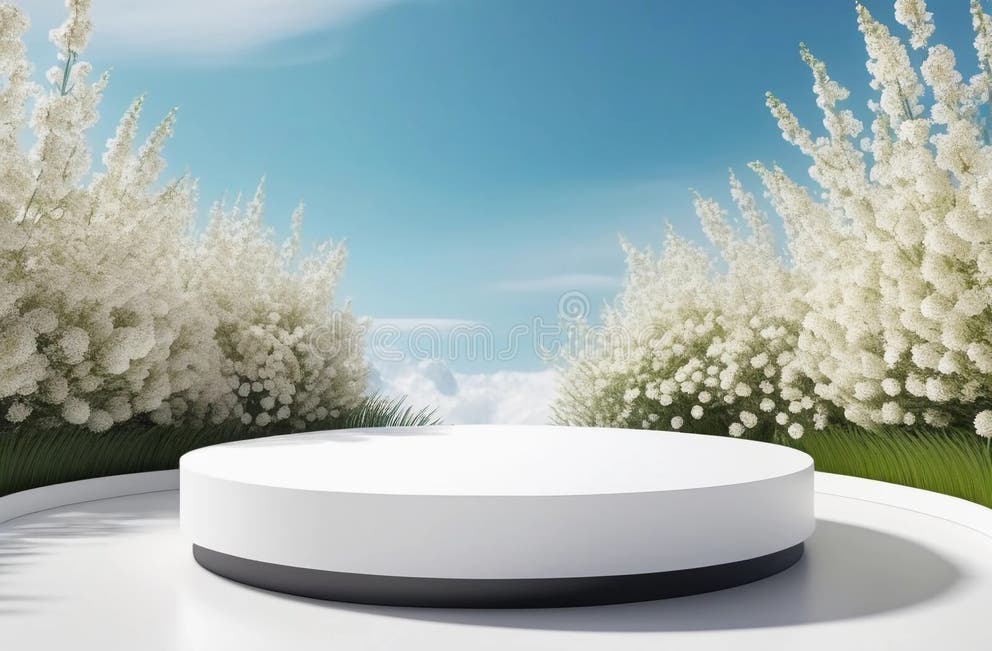 A Platform for Displaying Goods Stands in the Garden among Flowering ...