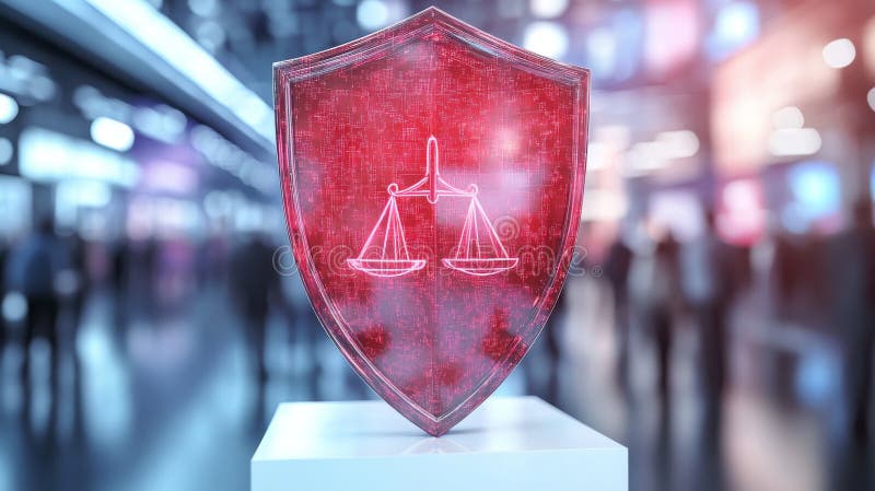 The Platform Features a Red Shield and Scales, Embodying the Concepts ...