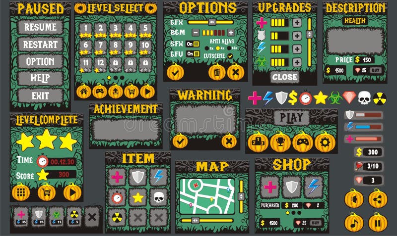 Cartoon Icons for Game User Interface, Vector Set Stock Vector ...