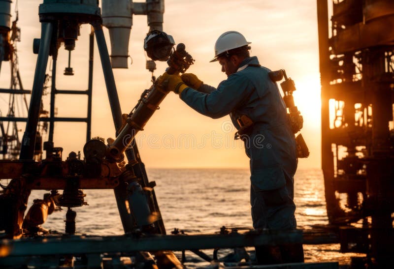 Platform Restoration Work Measures Ocean Oil Performs Sunset Space Copy ...