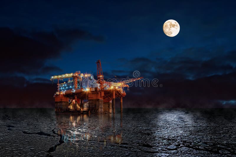 The Large Offshore Oil Rig at Night Stock Image - Image of ...