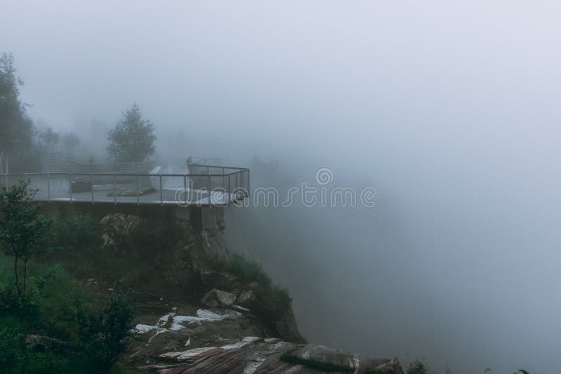 Platform To Admire the Voringfossen Waterfall in Norway in Deep Fog ...