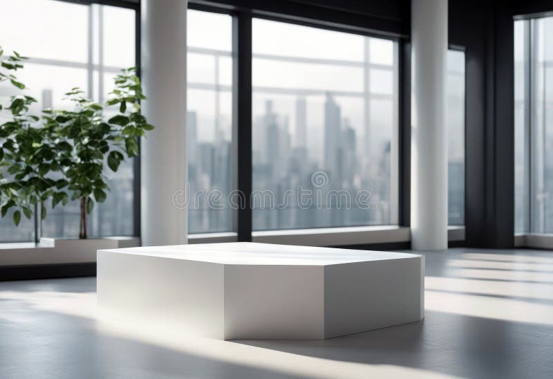 Platform White Concept Room Future Window Empty Podium 3D Rendering ...