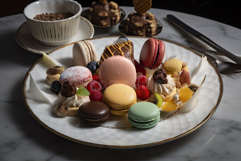 Plato Con Una Variedad De Postres Merengue Incluyendo Macarones Y Mini ... Plato Con Una Variedad De Postres Merengue Incluyendo Macarones Y Mini ...