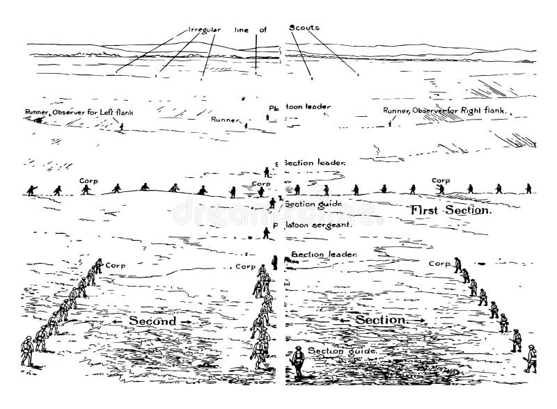 A Platoon Deployed Moving Forward, Vintage Illustration Stock Vector ...