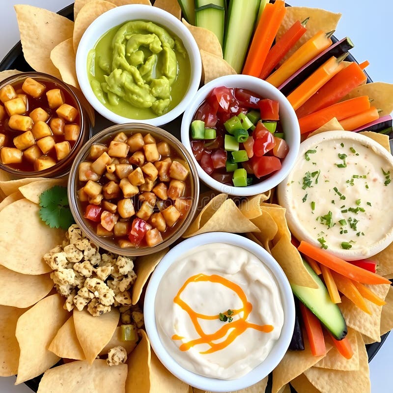 A Platter of Assorted Dips Including Guacamole Salsa and Queso Served ...