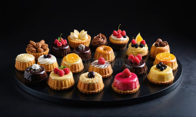 A Platter of Assorted Mini Cakes with Various Toppings, Including Fruit ...
