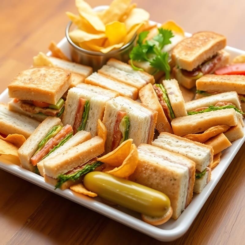 A Platter of Assorted Mini Sandwiches, Chips, and Pickles on a Rectangular Dish Stock ...