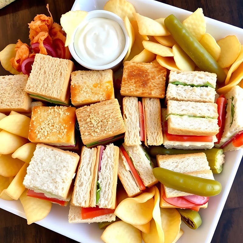 A Platter of Assorted Mini Sandwiches, Chips, and Pickles on a ...