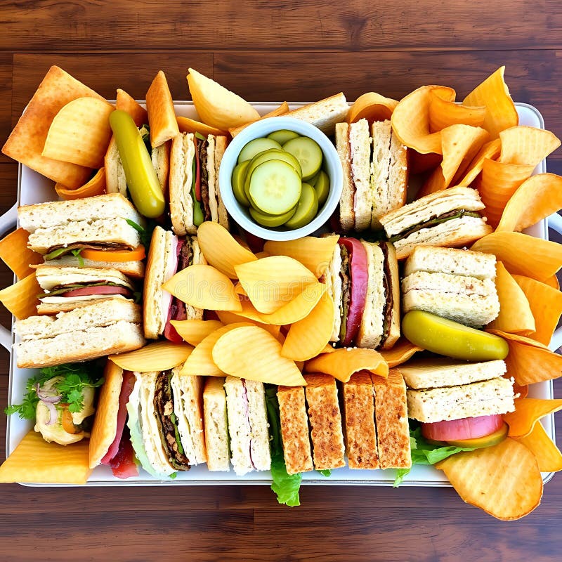 A Platter of Assorted Mini Sandwiches, Chips, and Pickles on a ...