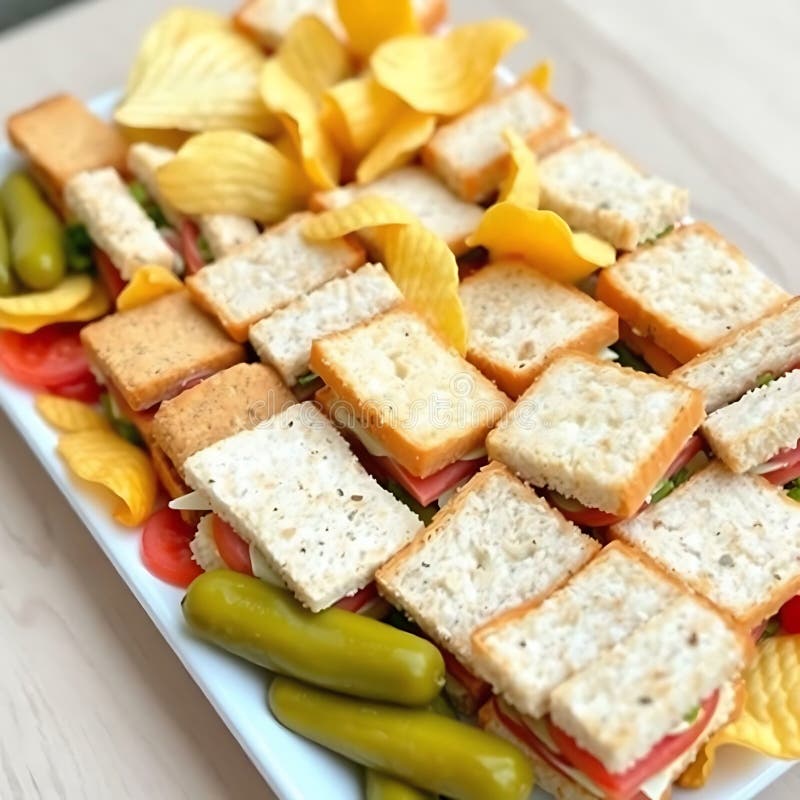 A Platter of Assorted Mini Sandwiches, Chips, and Pickles on a ...