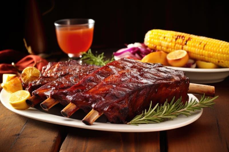 Platter of Bbq Ribs with Corn on the Cob on Side Stock Illustration ...